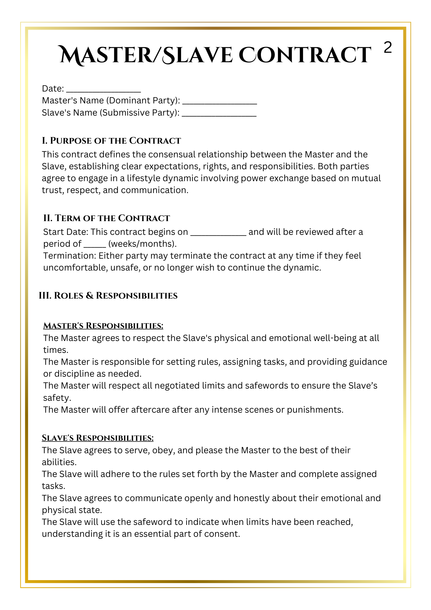 Master and Slave Digital Contract Agreement: Fillable PDF - Fett Gear